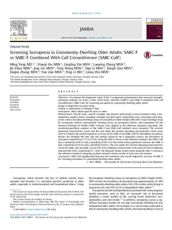 (PDF) Screening Sarcopenia in Community-Dwelling Older Adults: SARC-F vs SARC-F Combined With ...