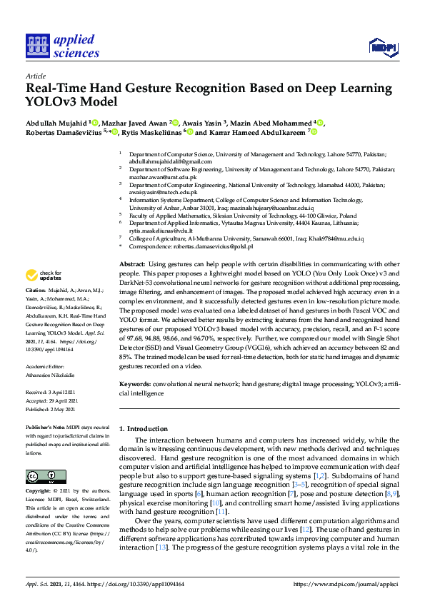 (PDF) Real-Time Hand Gesture Recognition Based on Deep Learning YOLOv3 ...