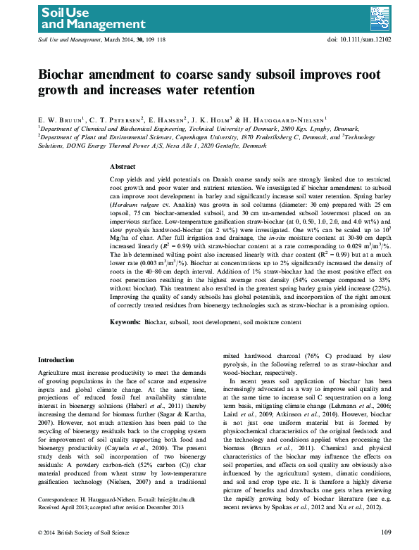 (PDF) Biochar amendment to coarse sandy subsoil improves root growth and increases water retention