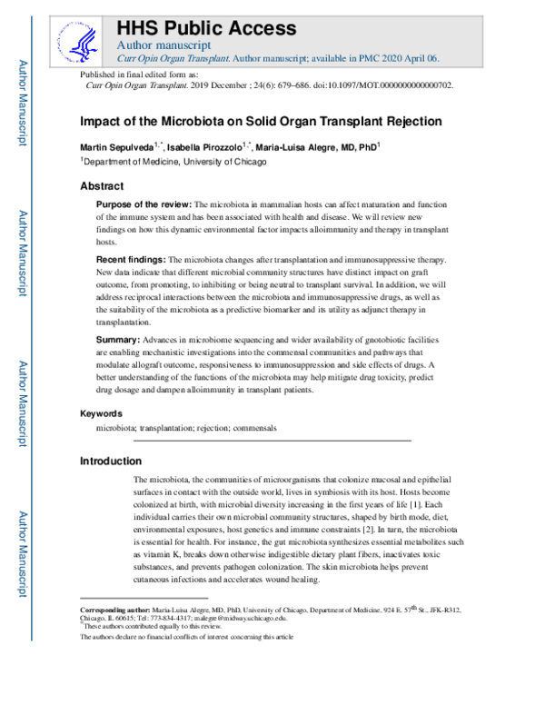 (PDF) Impact of the microbiota on solid organ transplant rejection