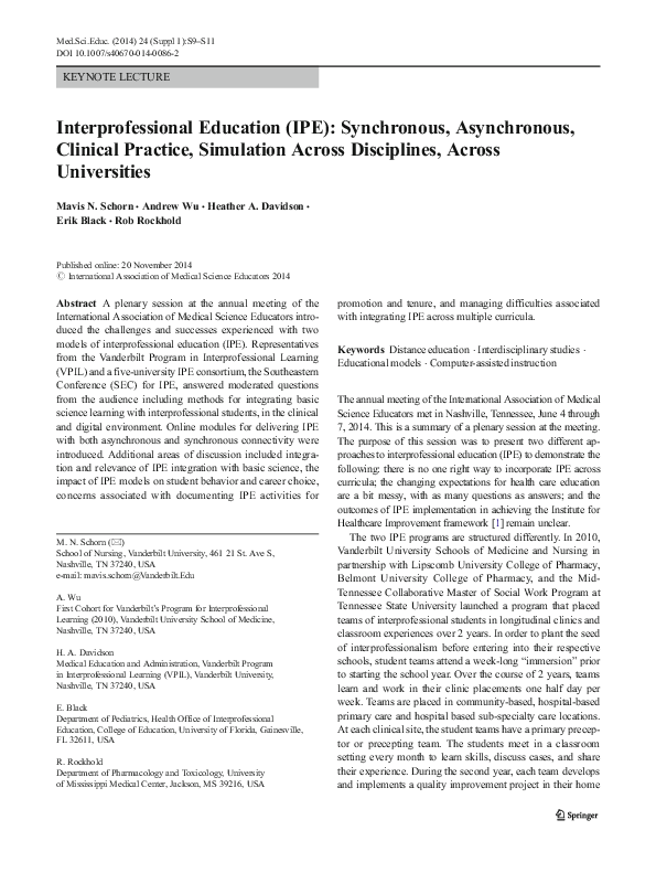 (PDF) Interprofessional Education (IPE): Synchronous, Asynchronous, Clinical Practice ...