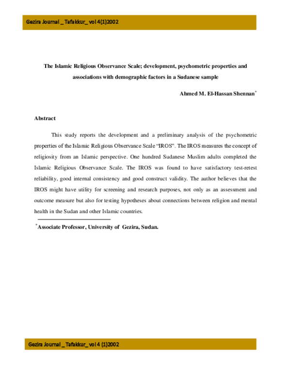 (PDF) The Islamic Religious Observance Scale; development, psychometric ...