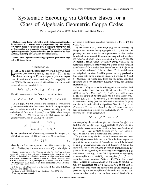 Pdf Systematic Encoding Via Grobner Bases For A Class Of Algebraic Geometric Goppa Codes 7161