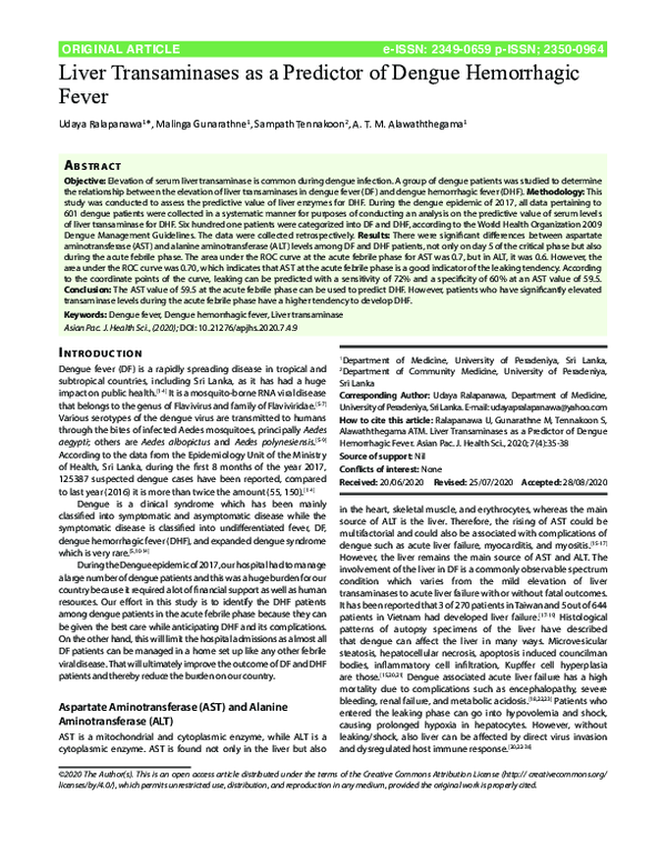 (PDF) Liver Transaminases as a Predictor of Dengue Hemorrhagic Fever