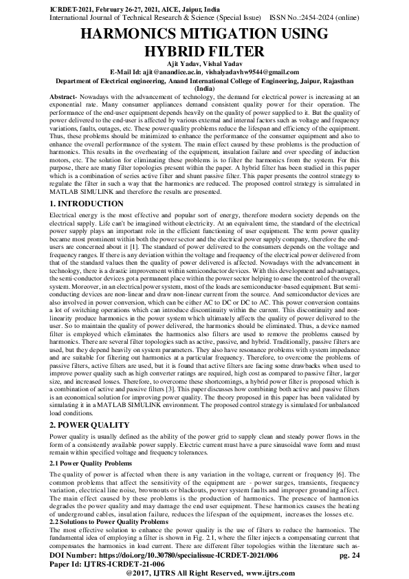 (PDF) Harmonics Mitigation Using Hybrid Filter
