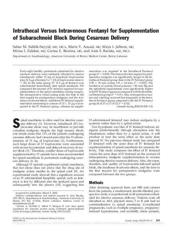 (PDF) Intrathecal vs IV Fentanyl in Cesarean Delivery