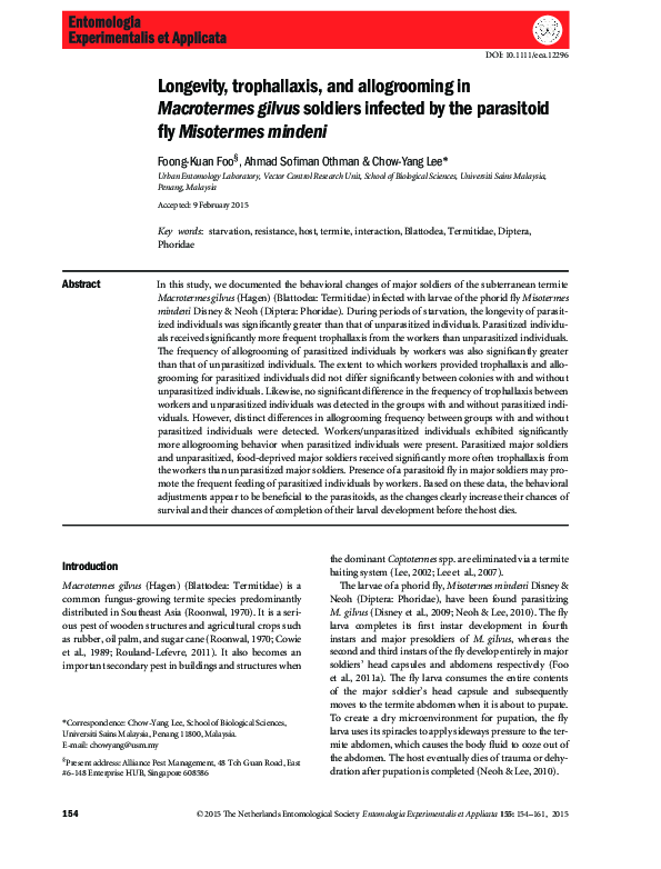 (PDF) Longevity, trophallaxis, and allogrooming in Macrotermes gilvus ...
