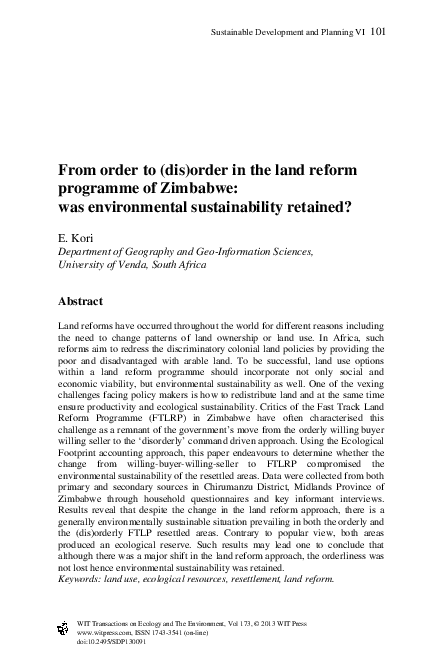 (PDF) From order to (dis)order in the land reform programme of Zimbabwe ...