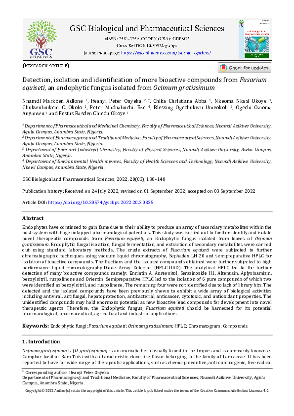Pdf Detection Isolation And Identification Of More Bioactive Compounds From Fusarium Equiseti