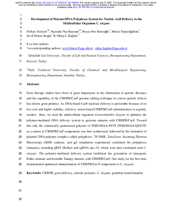 (PDF) Development of Polymer/DNA Polyplexes System for Nucleic Acid ...