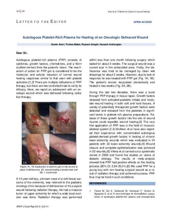 (PDF) Autologous Platelet-Rich Plasma for Healing of an Oncologic ...