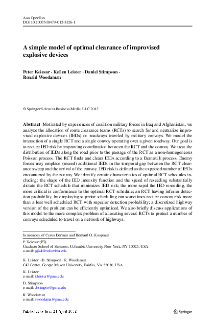 (PDF) A simple model of optimal clearance of improvised explosive devices