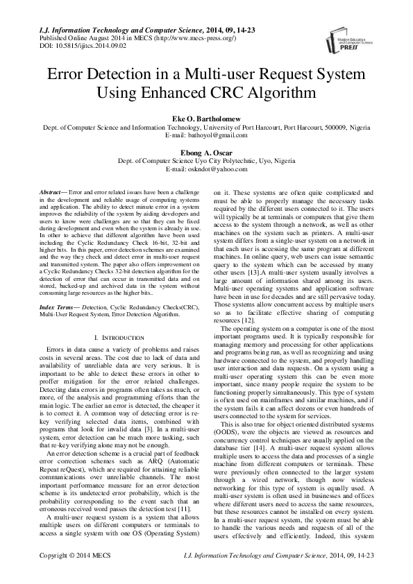 (PDF) Error Detection in a Multi-user Request System Using Enhanced CRC Algorithm