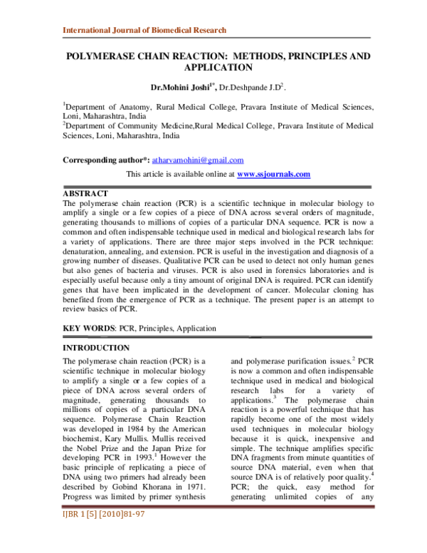 Pdf Polymerase Chain Reaction Methods Principles And Application