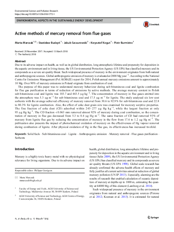 (PDF) Active methods of mercury removal from flue gases