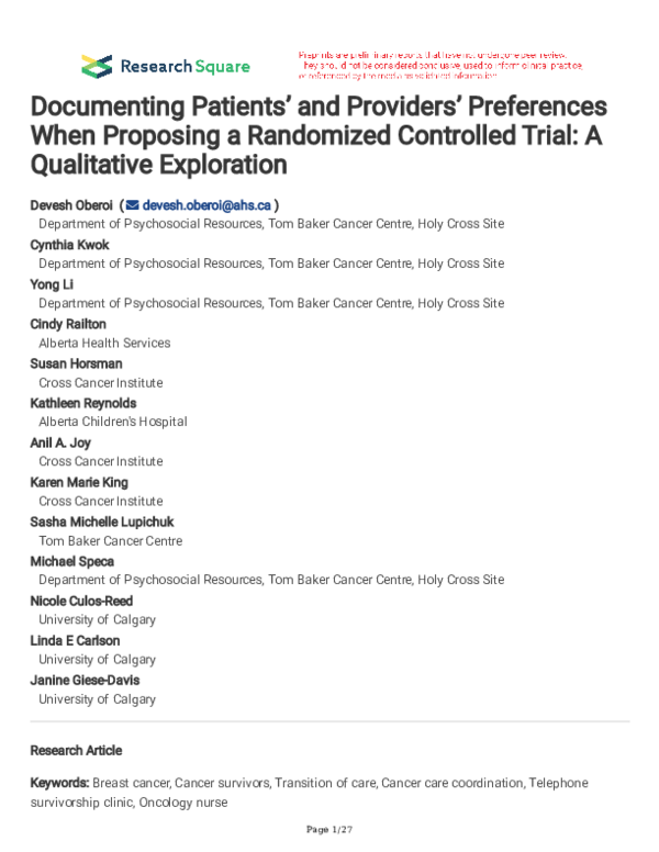 (PDF) Documenting Patients’ and Providers’ Preferences When Proposing a Randomized Controlled ...