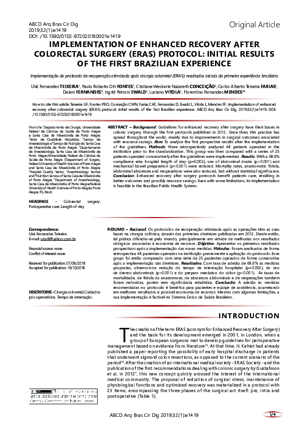 (PDF) Implementation of Enhanced Recovery After Colorectal Surgery (Eras) Protocol: Initial ...
