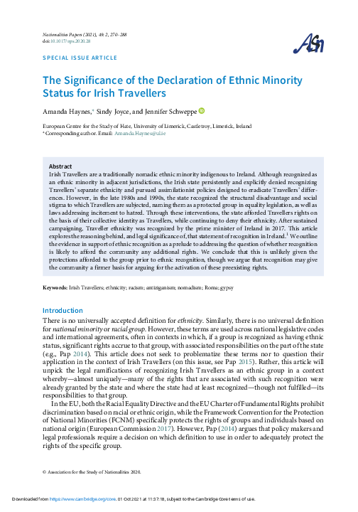 (PDF) The Significance of the Declaration of Ethnic Minority Status for Irish Travellers
