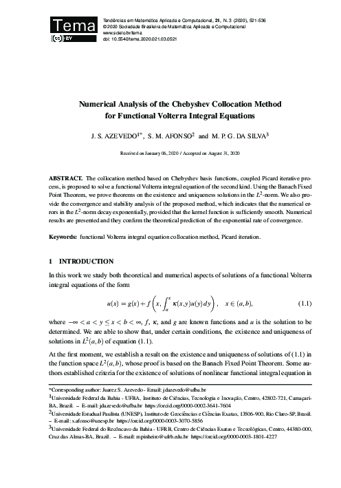 Pdf Numerical Analysis Of The Chebyshev Collocation Method For Functional Volterra Integral