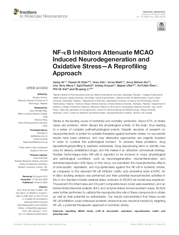 (PDF) NF-κB Inhibitors Attenuate MCAO Induced Neurodegeneration and ...