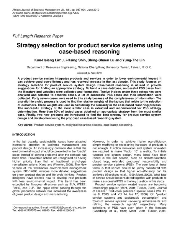 (PDF) Strategy selection for product service systems using case-based reasoning