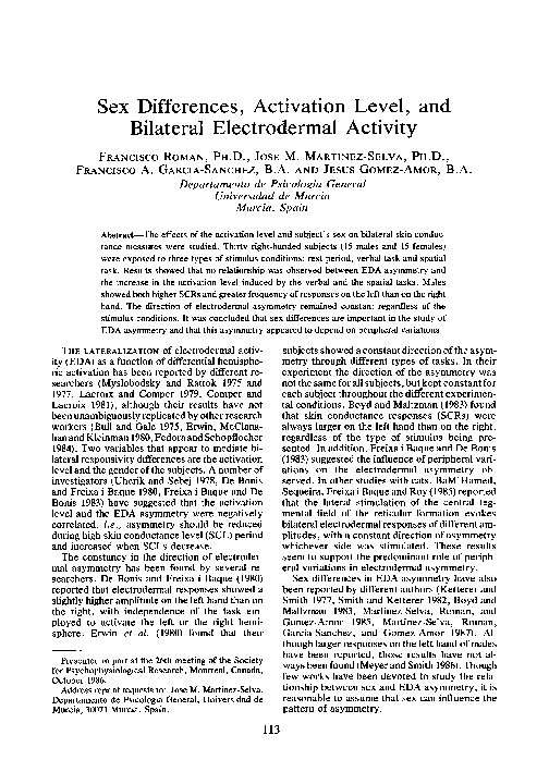 Pdf Sex Differences Activation Level And Bilateral Electrodermal