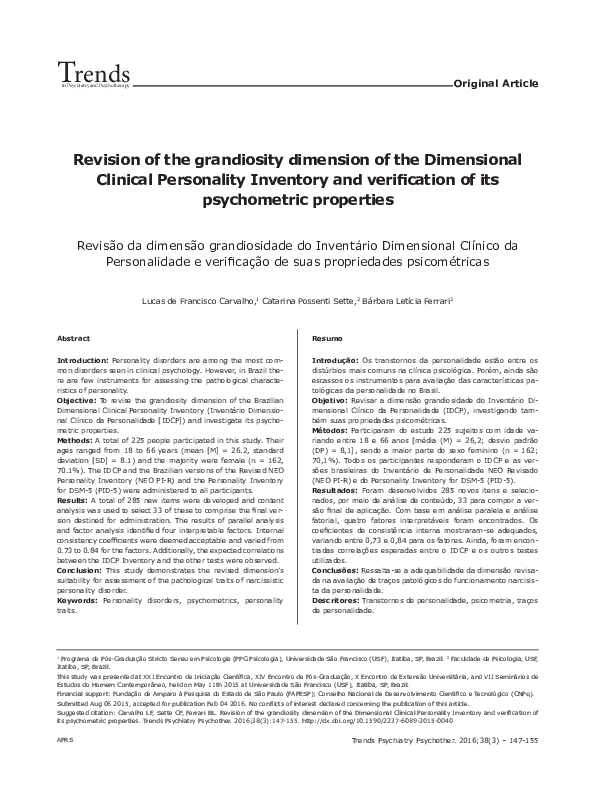 (PDF) Revision of the grandiosity dimension of the Dimensional Clinical ...