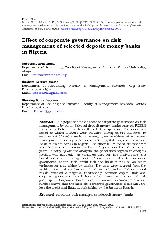 (PDF) Effect of corporate governance on risk management of selected deposit money banks in Nigeria
