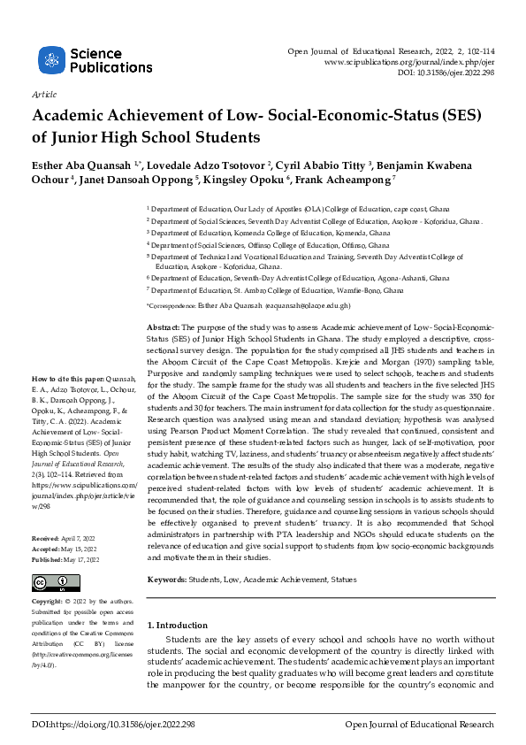 (PDF) Academic Achievement of Low- Social-Economic-Status (SES) of ...