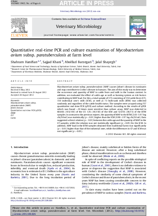 (PDF) Quantitative real-time PCR and culture examination of Mycobacterium avium subsp ...