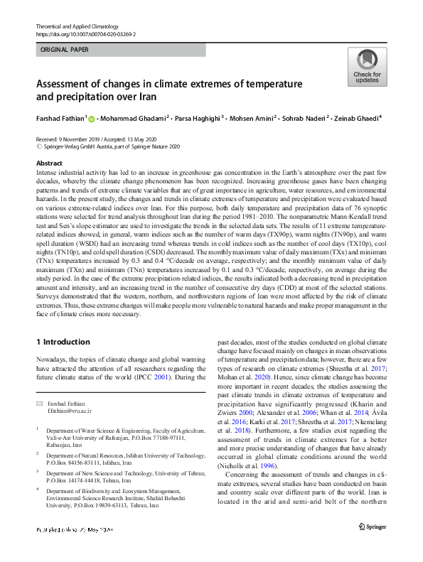 (PDF) Assessment of changes in climate extremes of temperature and ...