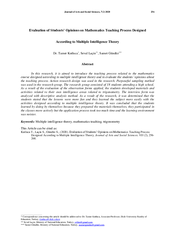 (PDF) Evaluation of Students’ Opinions on Mathematics Teaching Process ...