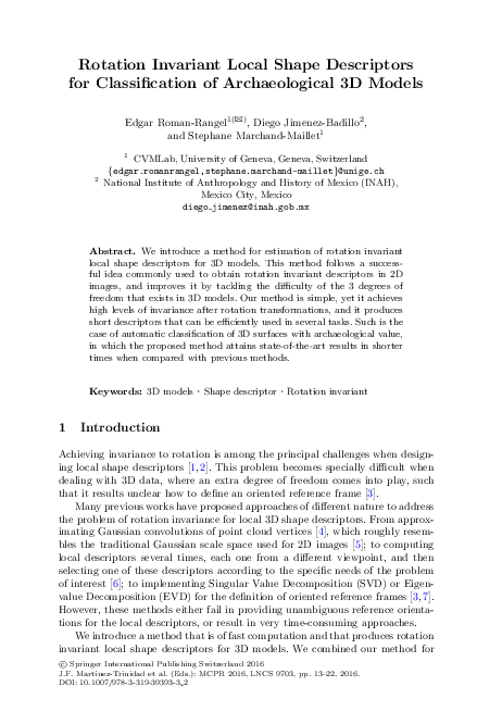 (PDF) Rotation Invariant Local Shape Descriptors for Classification of Archaeological 3D Models