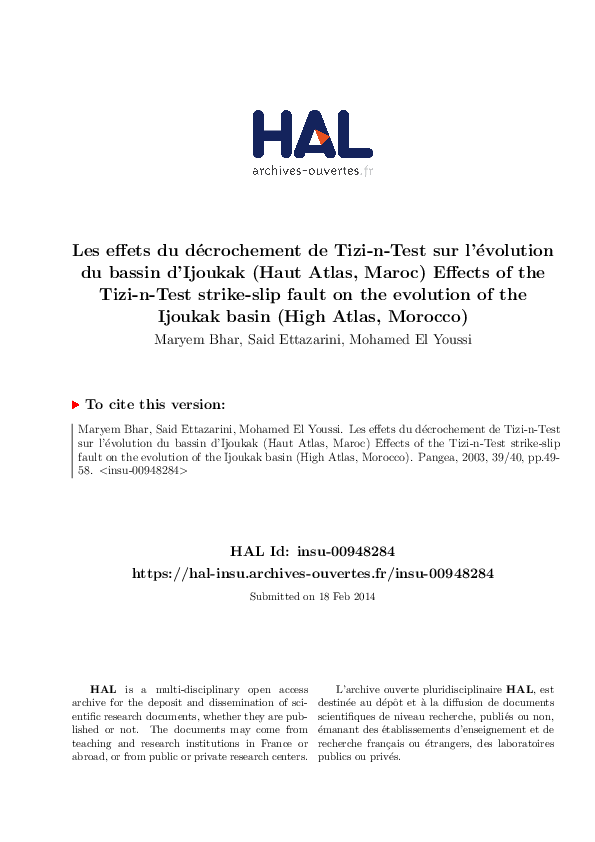 (PDF) Les effets du décrochement de Tizi-n-Test sur l'évolution du ...