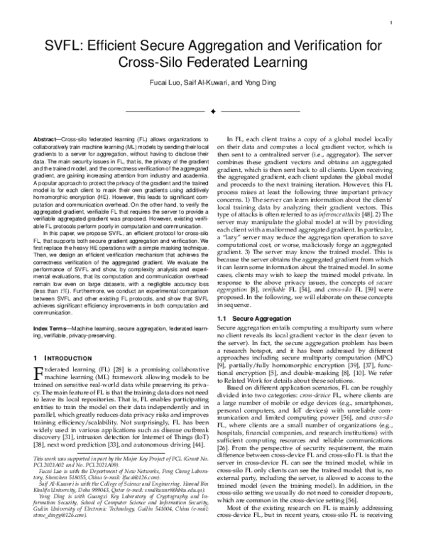 (PDF) SVFL: Efficient Secure Aggregation and Verification for Cross-Silo Federated Learning