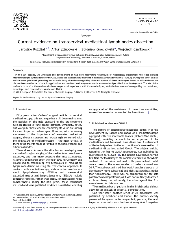 (PDF) Current evidence on transcervical mediastinal lymph nodes dissection