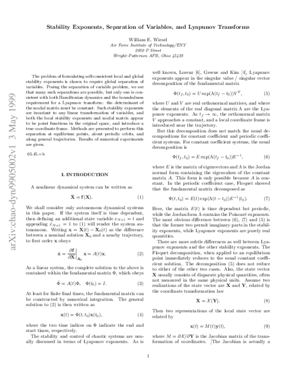 (PDF) Stability Exponents, Separation of Variables, and Lyapunov Transforms