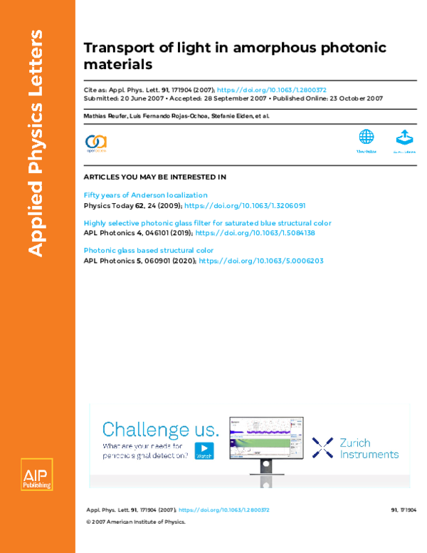 (PDF) Transport of light in amorphous photonic materials | Mathias ...