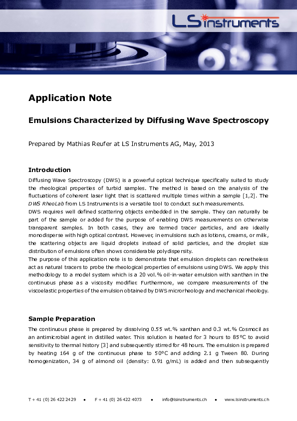 (PDF) Emulsions Characterized by Diffusing Wave Spectroscopy