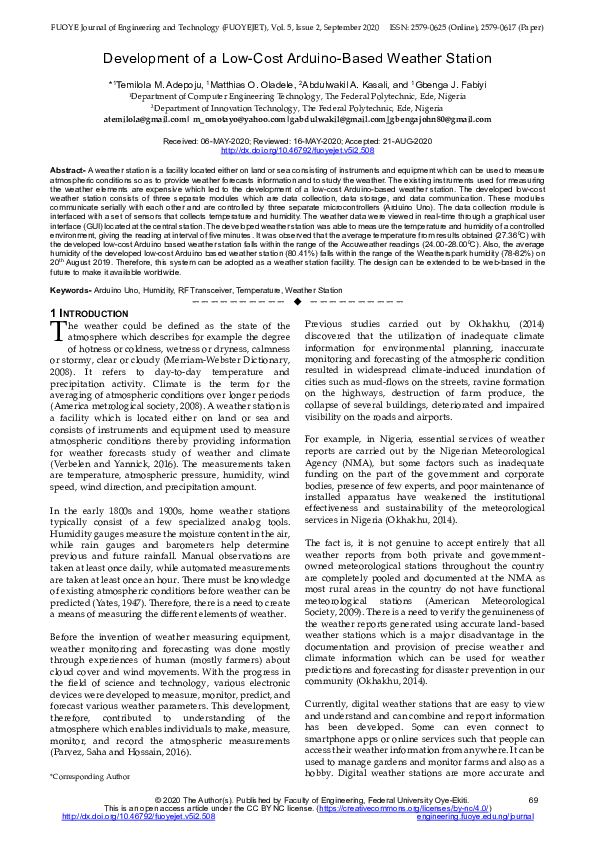 Pdf Development Of A Low Cost Arduino Based Weather Station 2849
