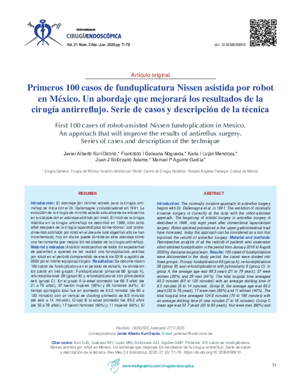 (PDF) Primeros 100 casos de funduplicatura Nissen asistida por robot en ...