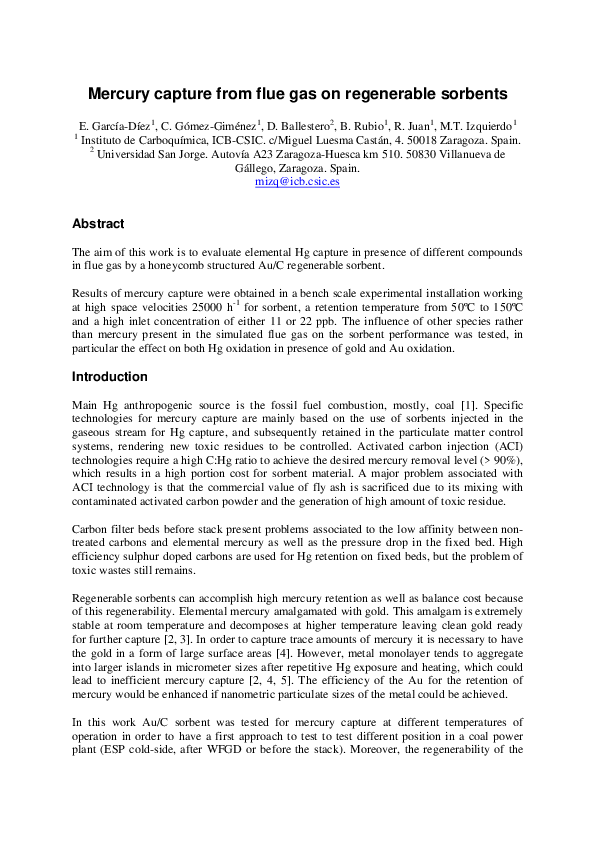 (PDF) Mercury capture from flue gas on regenerable sorbents
