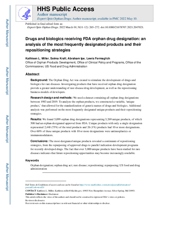 (PDF) Drugs and biologics receiving FDA orphan drug designation: an ...