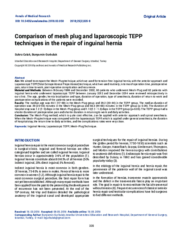 (PDF) Comparison of mesh plug and laparoscopic tepp techniques in the ...
