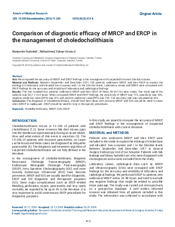 (PDF) Comparison of diagnostic efficacy of mrcp and ercp in the management of choledocholithiasis