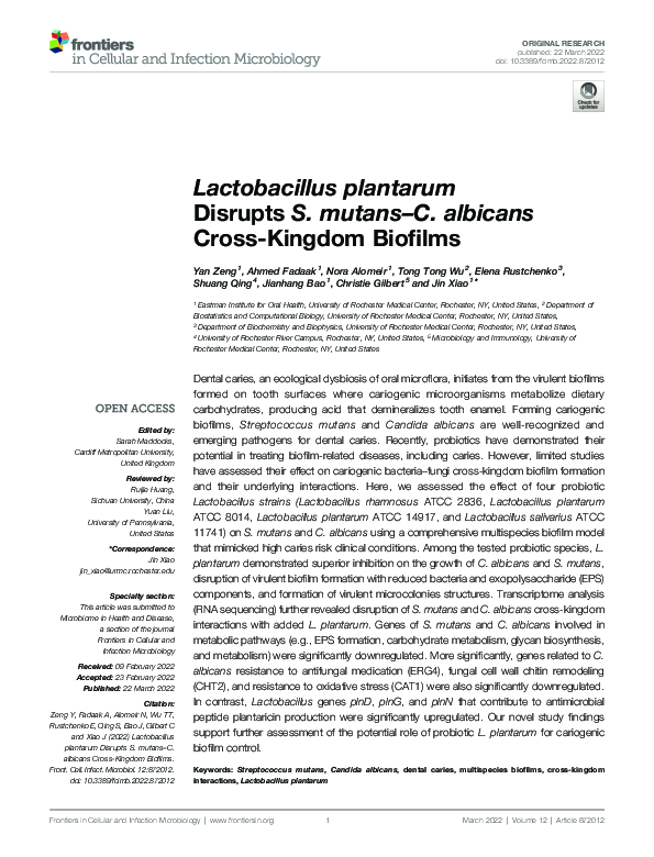 (PDF) Lactobacillus plantarum Disrupts S. mutans–C. albicans Cross-Kingdom Biofilms