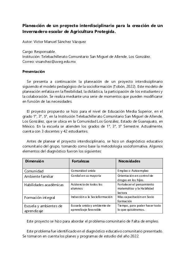(PDF) Planeación de un proyecto interdisciplinario para la creación de un Invernadero escolar de ...