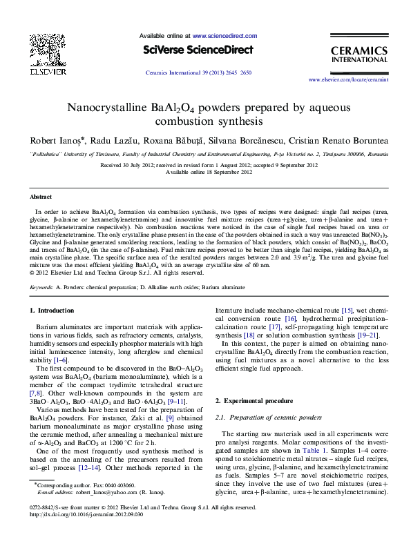 (PDF) Nanocrystalline BaAl2O4 powders prepared by aqueous combustion synthesis