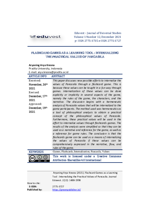 (PDF) Flashcard Games As A Learning Tool : Internalizing The Practical Values Of Pancasila ...