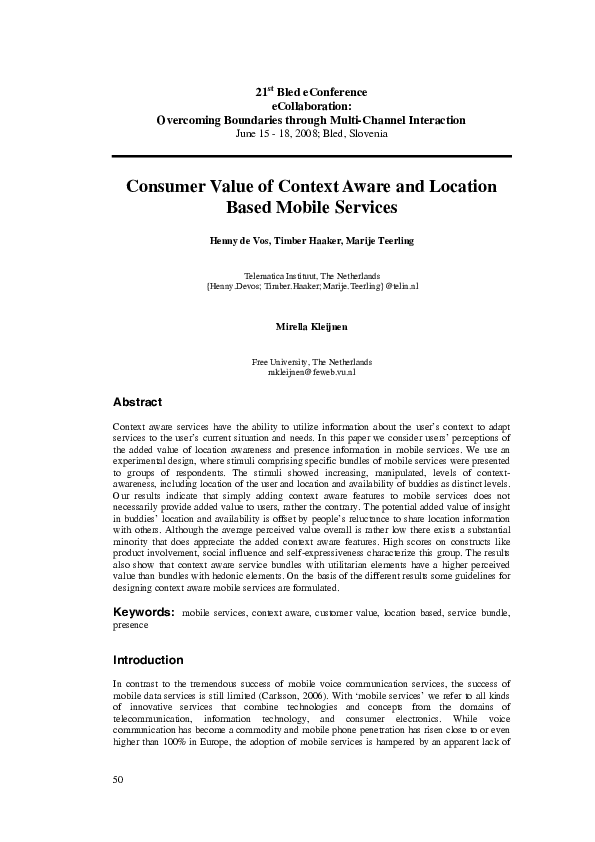 (PDF) Consumer Value of Context Aware and Location Based Mobile Services
